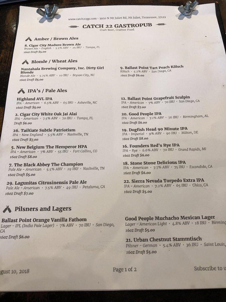 Menu at Catch22 Craft Kitchen & Tap House restaurant, Mount Juliet