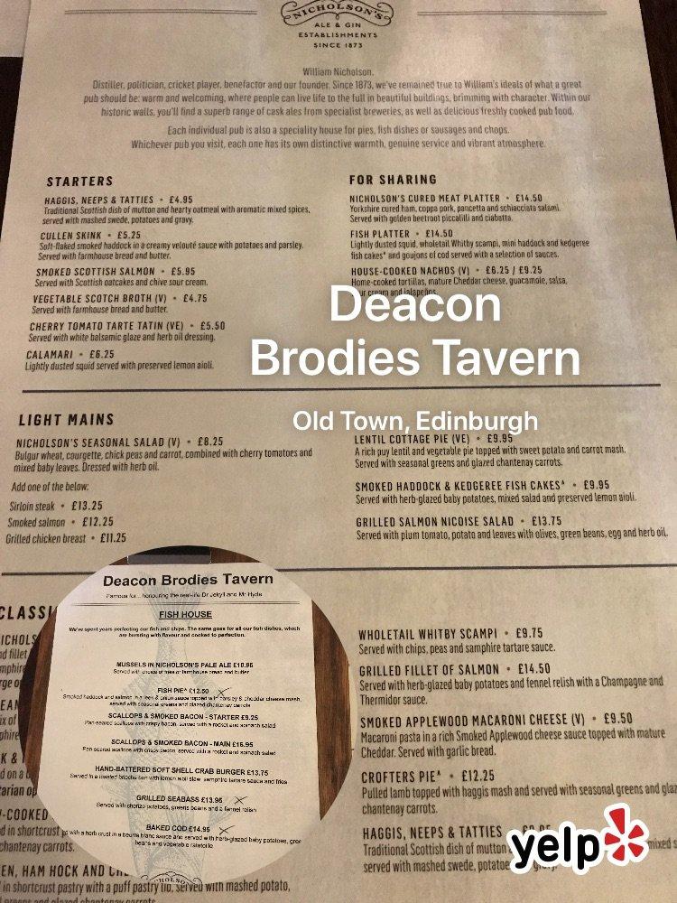 Menu at Deacon Brodies Tavern pub & bar, Edinburgh, 435 Lawnmarket