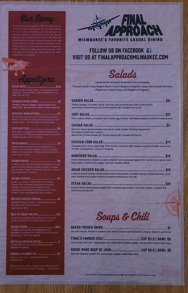 Menu at Final Approach restaurant, Milwaukee