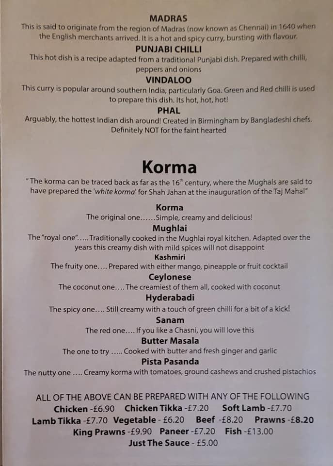Menu at Jewel In The Crown restaurant, Kilmarnock