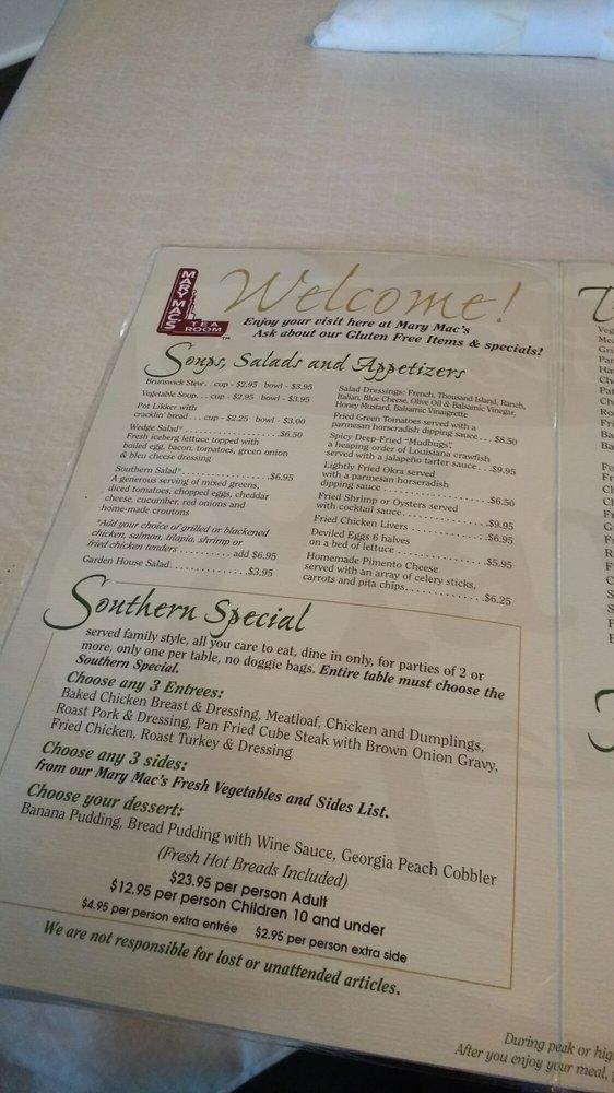 Menu at Mary Mac's Tea Room pub & bar, Atlanta