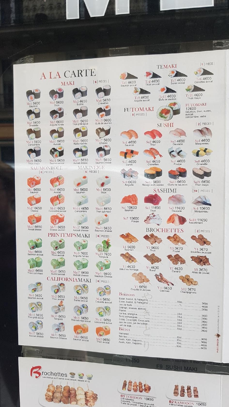 Menu at Minami Umi restaurant, Paris