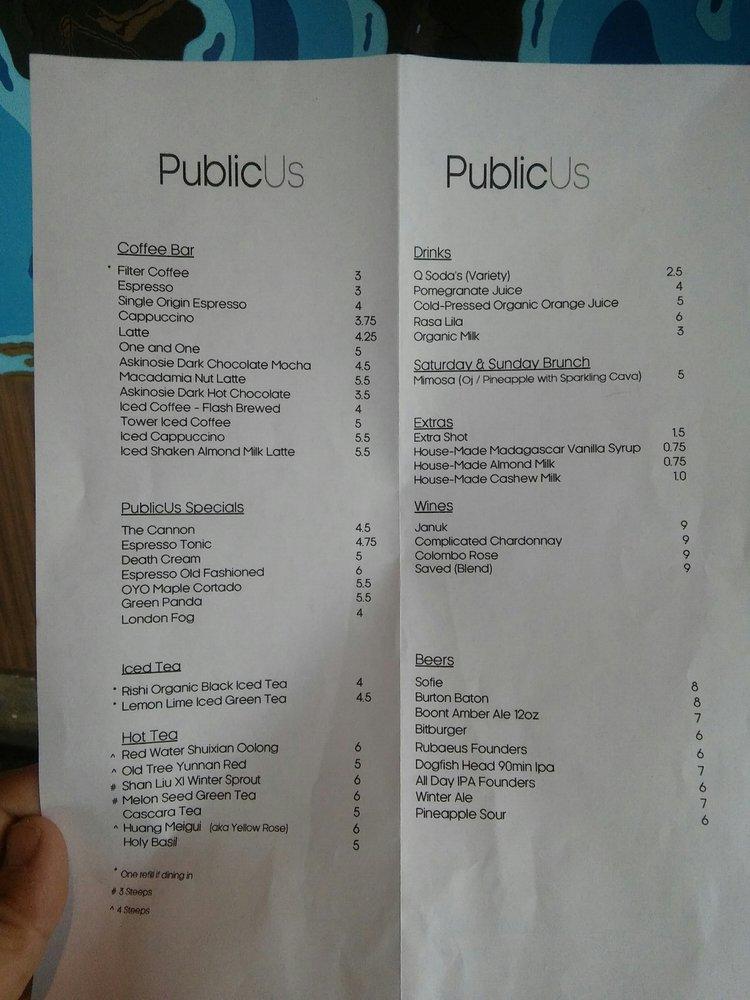 Menu at PublicUs, Las Vegas