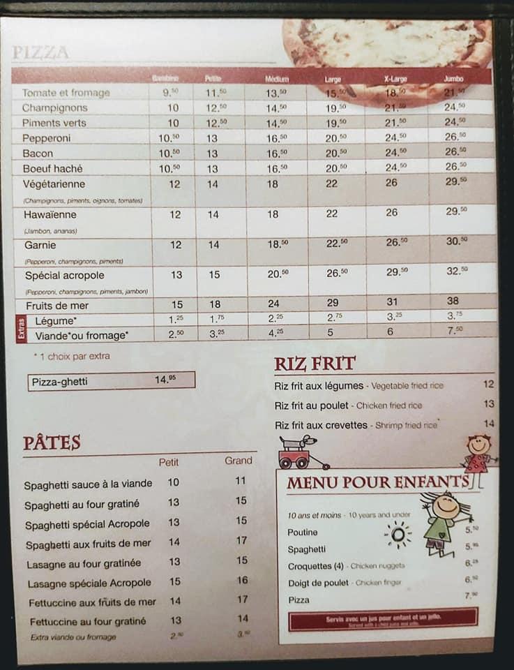 Menu au Château Acropole pizzeria, Coaticook