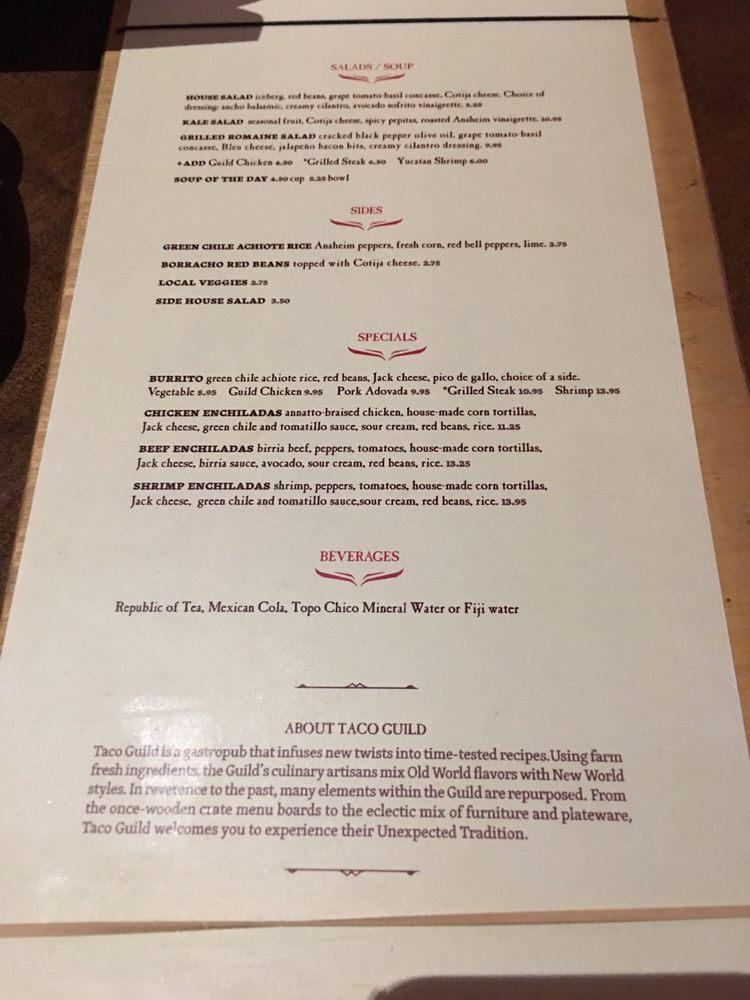 Menu at Taco Guild pub & bar, Phoenix