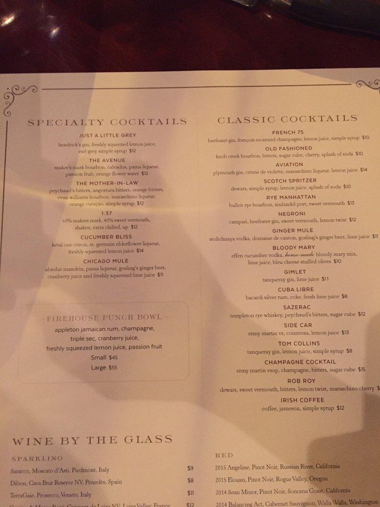 Menu at The Chicago Firehouse Restaurant, Chicago