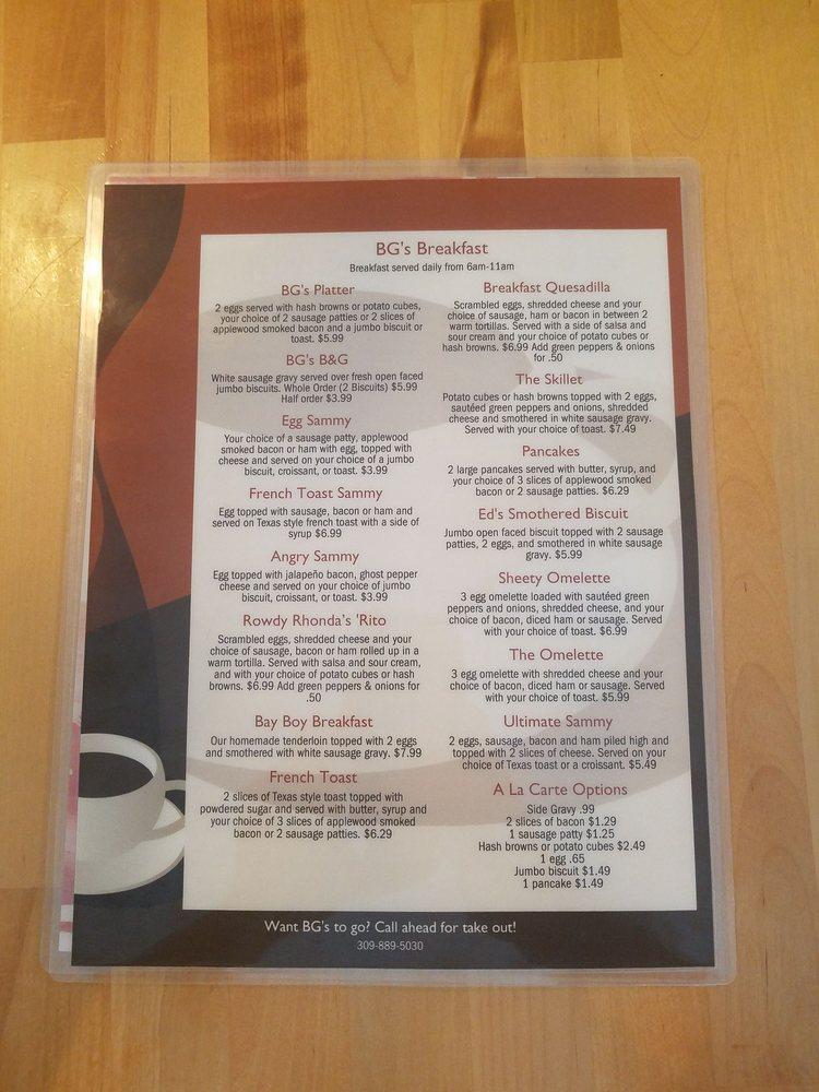 Menu at BG's Cafe, Bay View Gardens