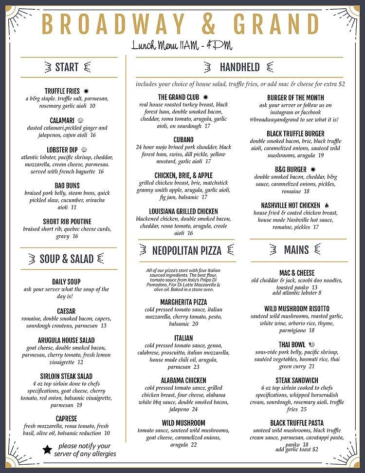 Menu at Broadway & Grand restaurant, Spruce Grove