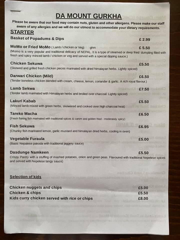 Menu at Da Mount Gurkha restaurant, Waterloo
