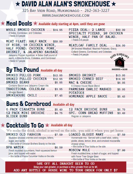 Menu at David Alan Alan's Smokehouse & Saloon restaurant, Mukwonago