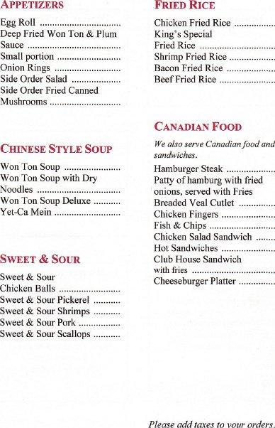 Menu at King's Cafe, Hearst