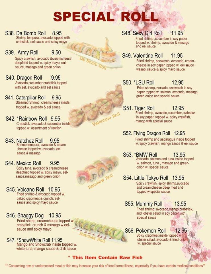 Menu at Little Tokyo restaurant, Natchez, 25 Sergeant Prentiss Dr