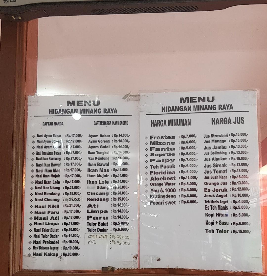 Menu at Restoran Padang Minang Raya restaurant, Bogor