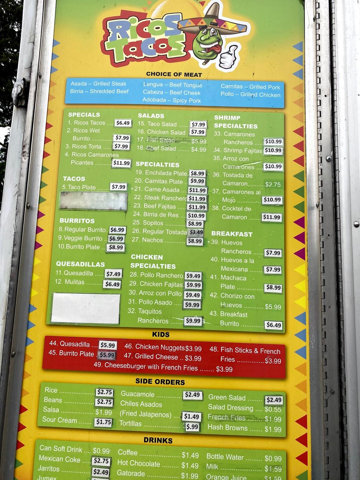 Menu at Ricos Tacos restaurant, Tacoma, Center St