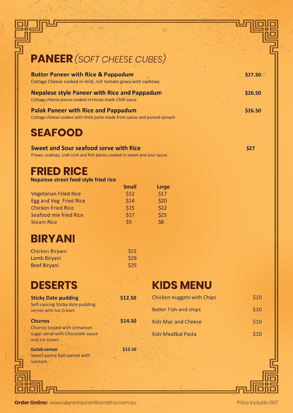 Menu at SKY Restaurant Karratha, Pegs Creek
