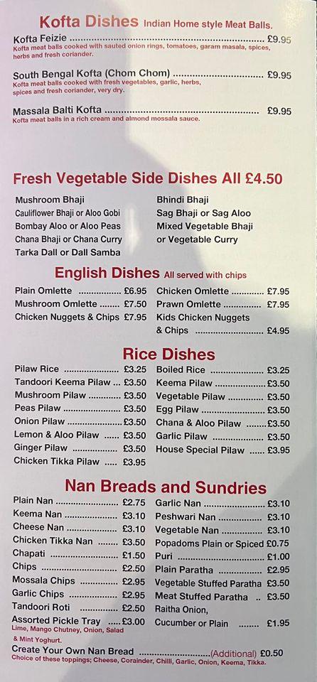 Menu at Shaj restaurant, Newbiggin-by-the-Sea