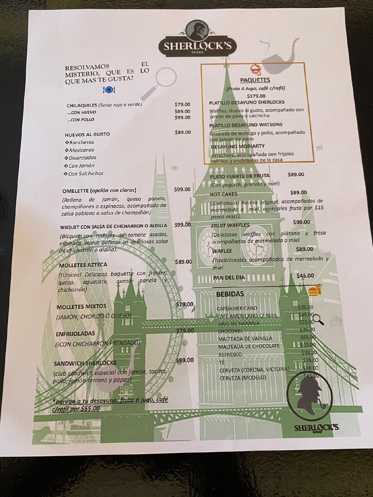 Menu at Sherlock’s House restaurant, San Luis Potosi