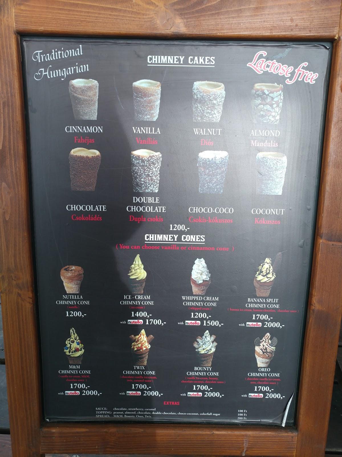 Menu at The Chimney Cake Shop Trolley restaurant, Budapest