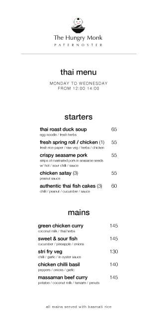 Menu at The Hungry Monk Paternoster restaurant, Paternoster
