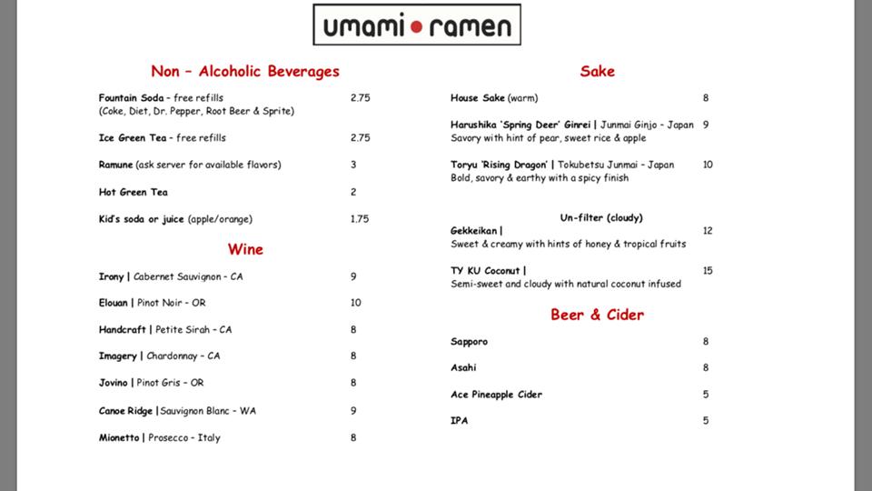 Menu at Umami Ramen restaurant, Happy Valley, SE Sunnyside Rd