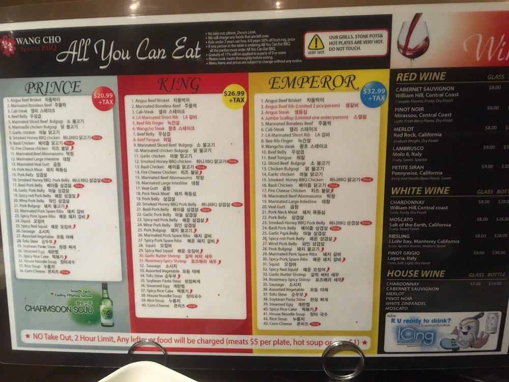 Menu at Wang Cho Korean BBQ, Riverside