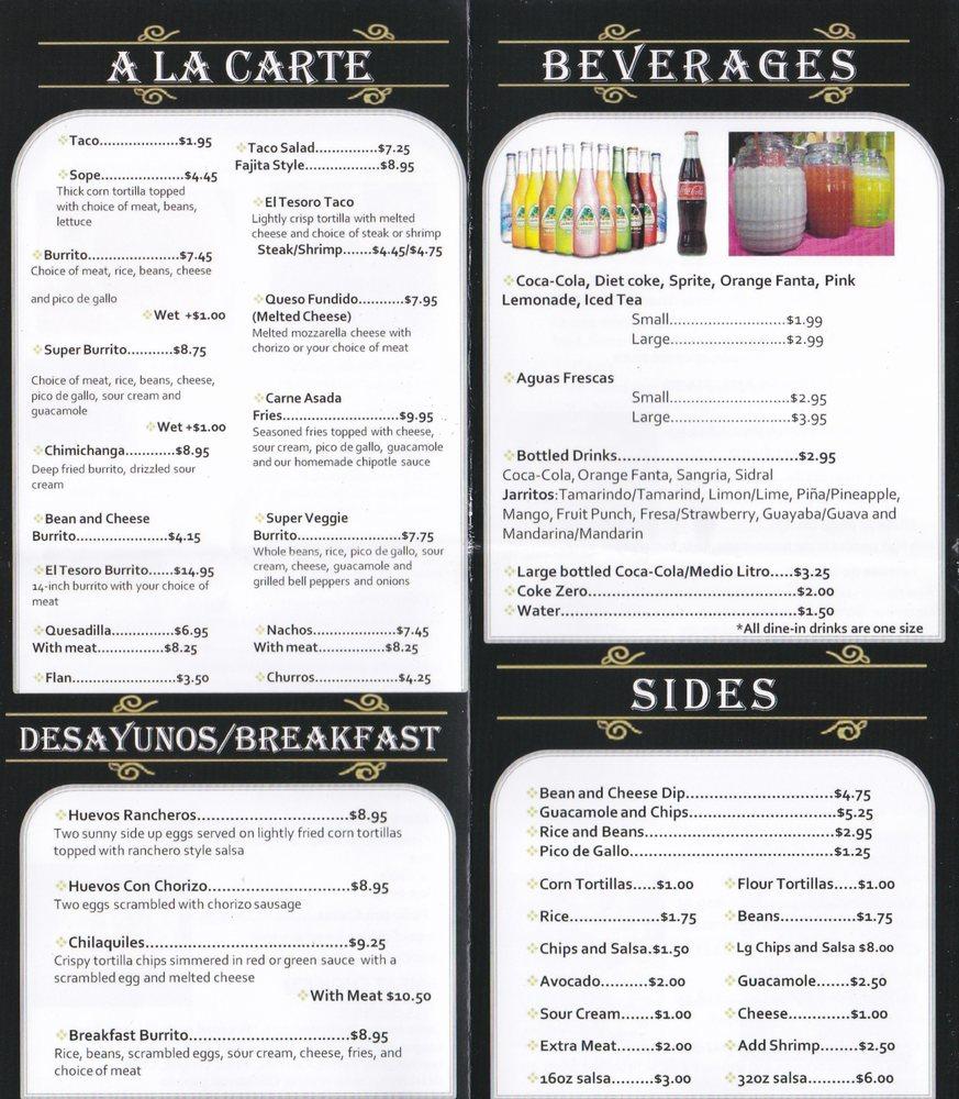 Menu at El Tesoro Mazatlan restaurant, Vallejo