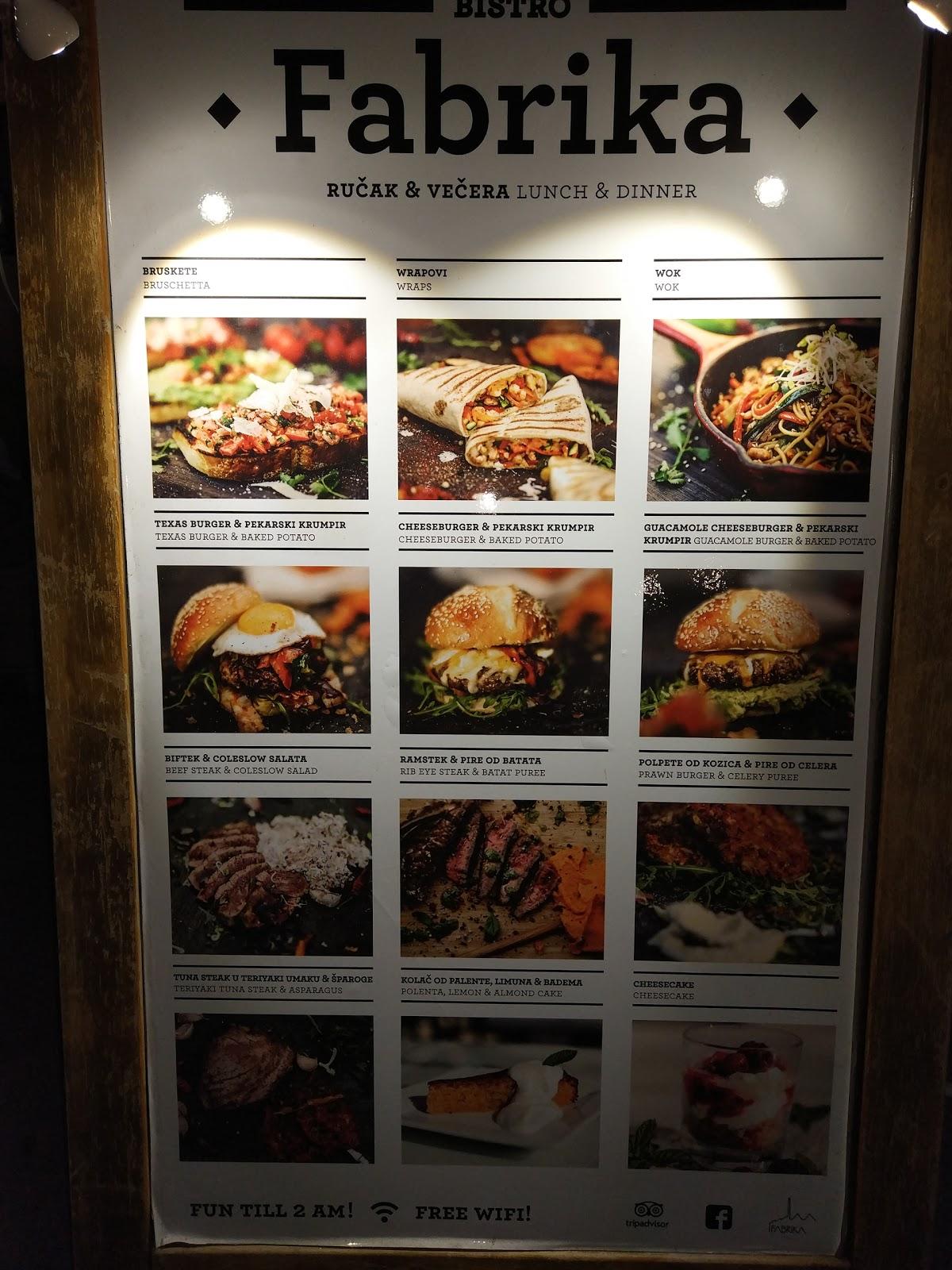 Menu at Fabrika bistro restaurant, Komiža