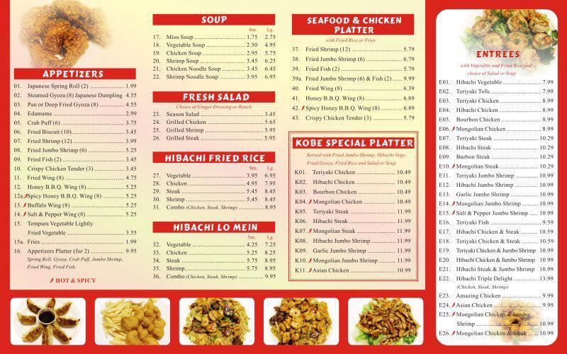 Menu at Kobe Japan restaurant, New Iberia