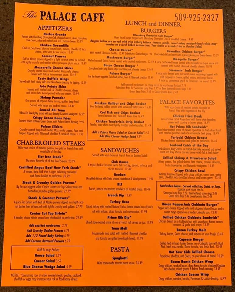 Menu at Palace Cafe, Ellensburg