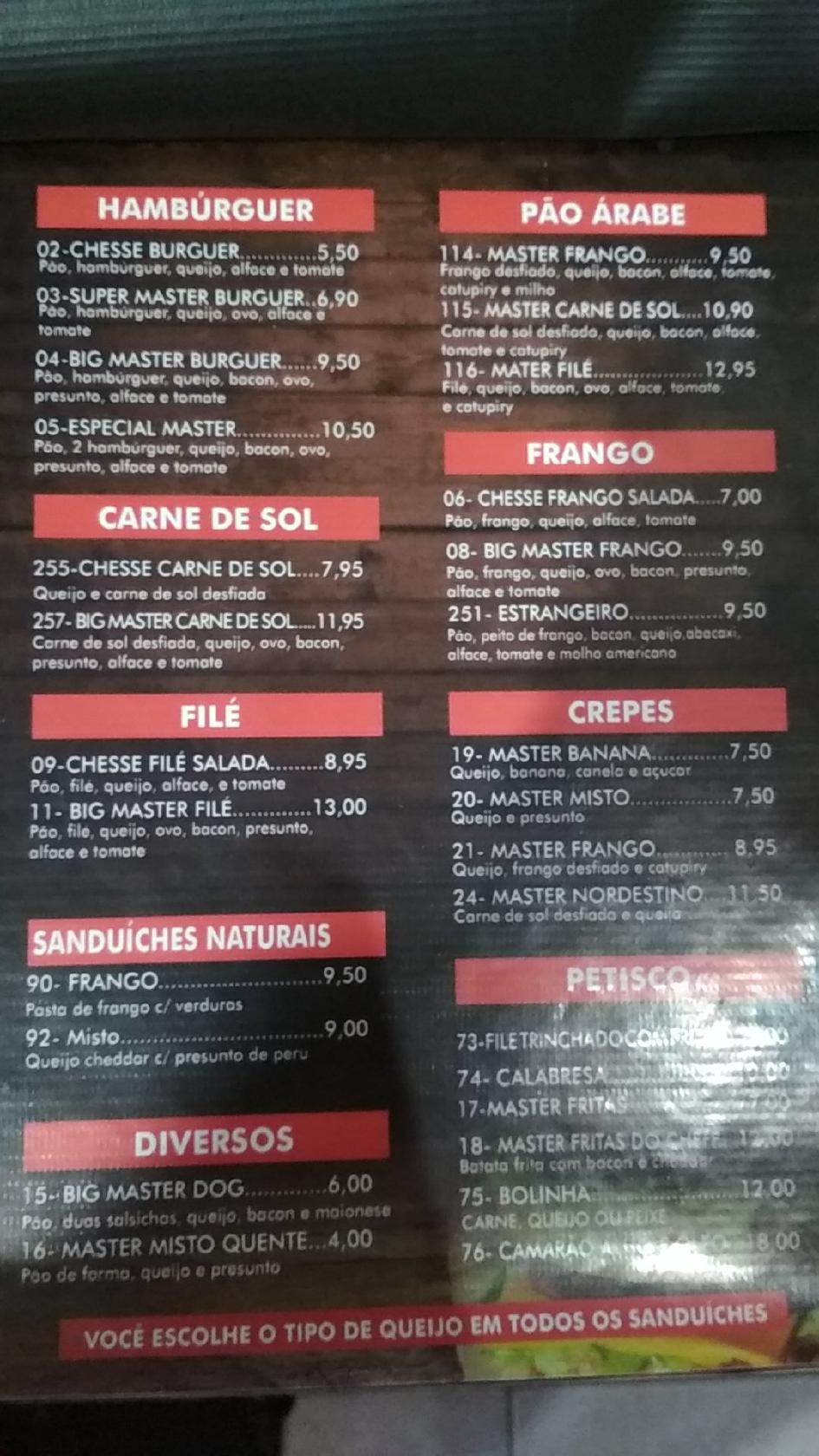 Menu at Sabor Da Vovó restaurant, Brazil