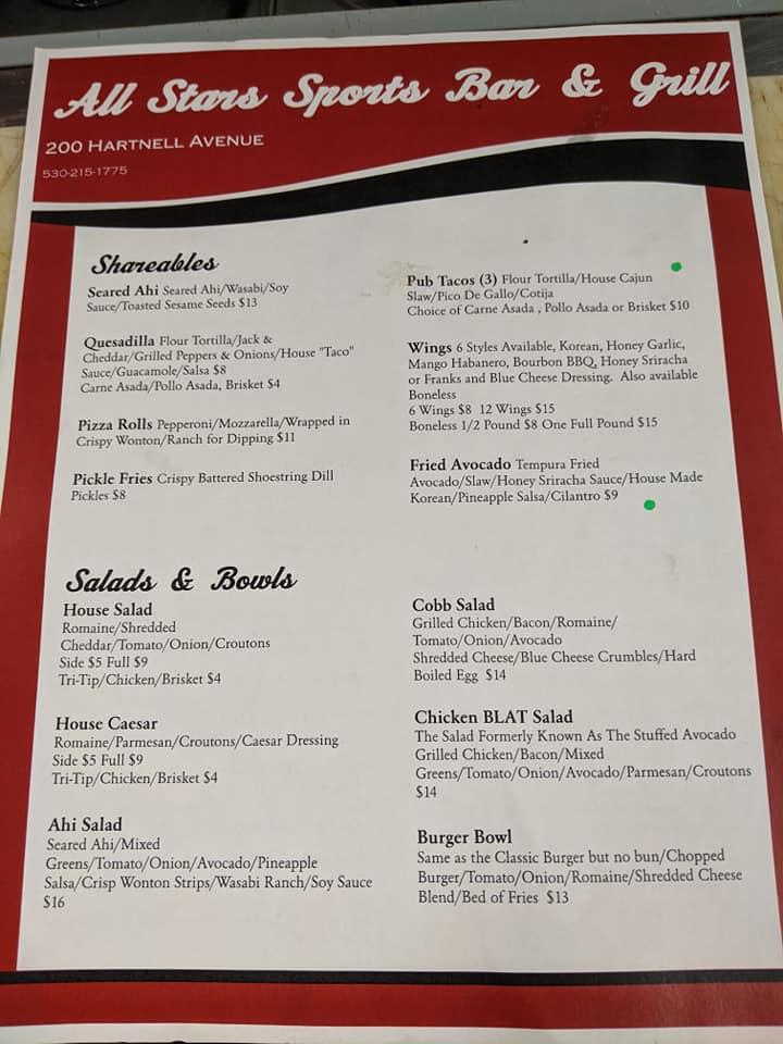Menu at All Stars Sports Bar, Redding