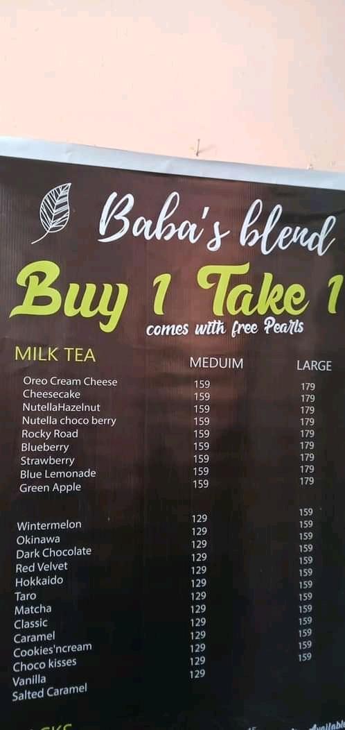Menu at Baba's blend Milktea, Silay City