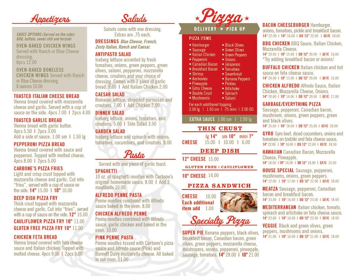 Menu at Carbone's Pizzeria, Centerville