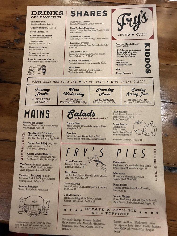 Carta de pizzería Fry's Spring Station, Charlottesville