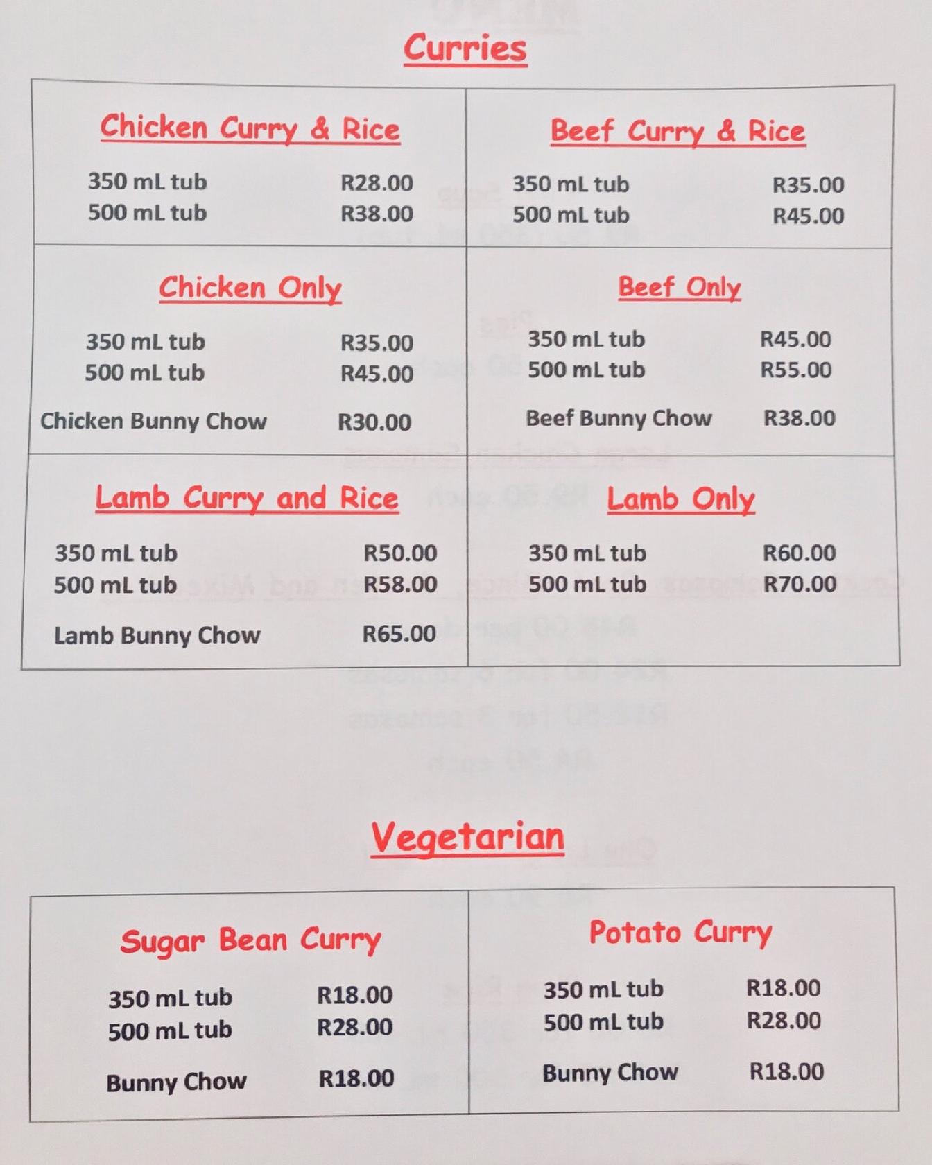 Menu at House Of Curry restaurant, Grahamstown