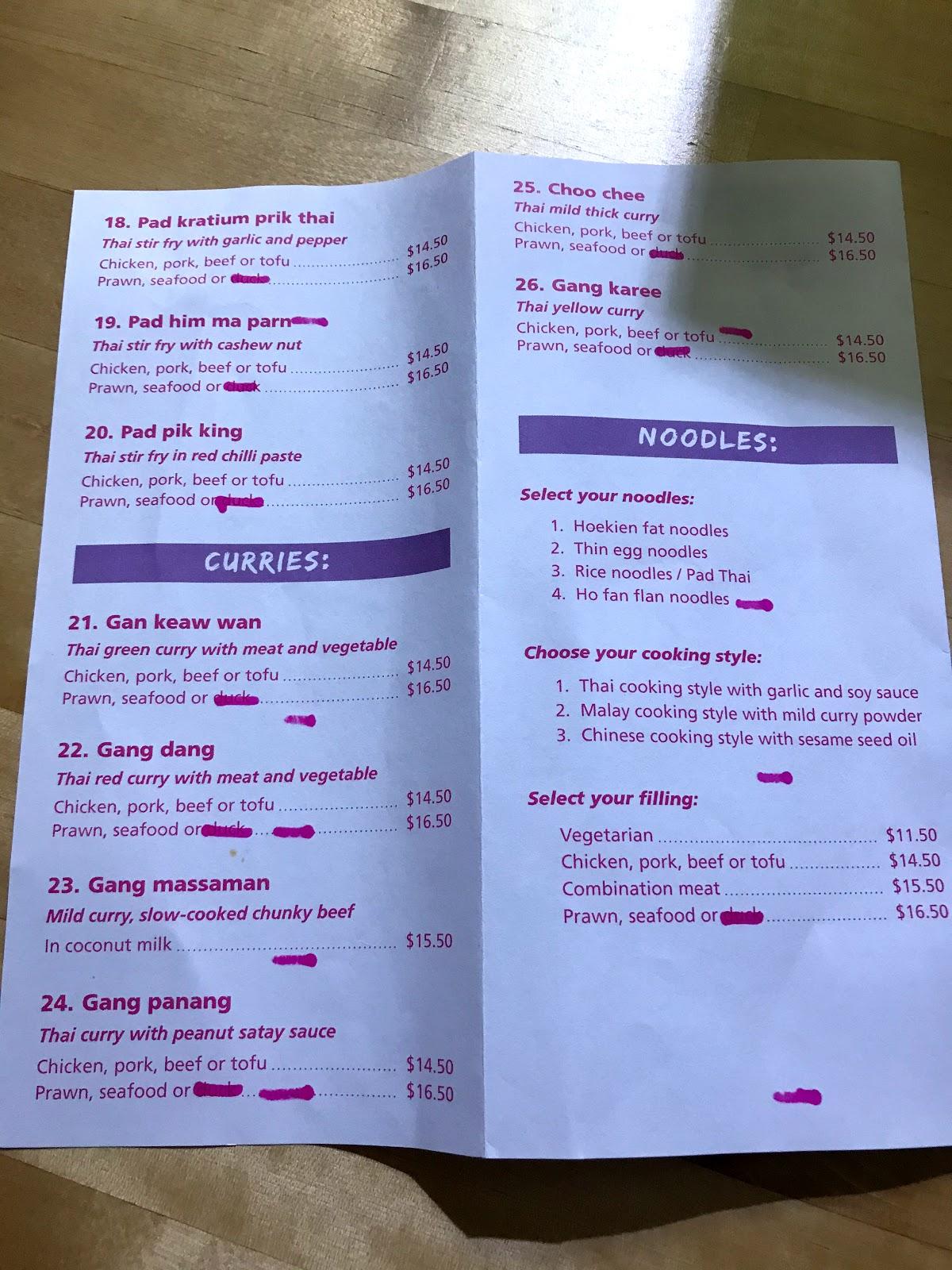 Menu at J.Y Thai restaurant, Warwick