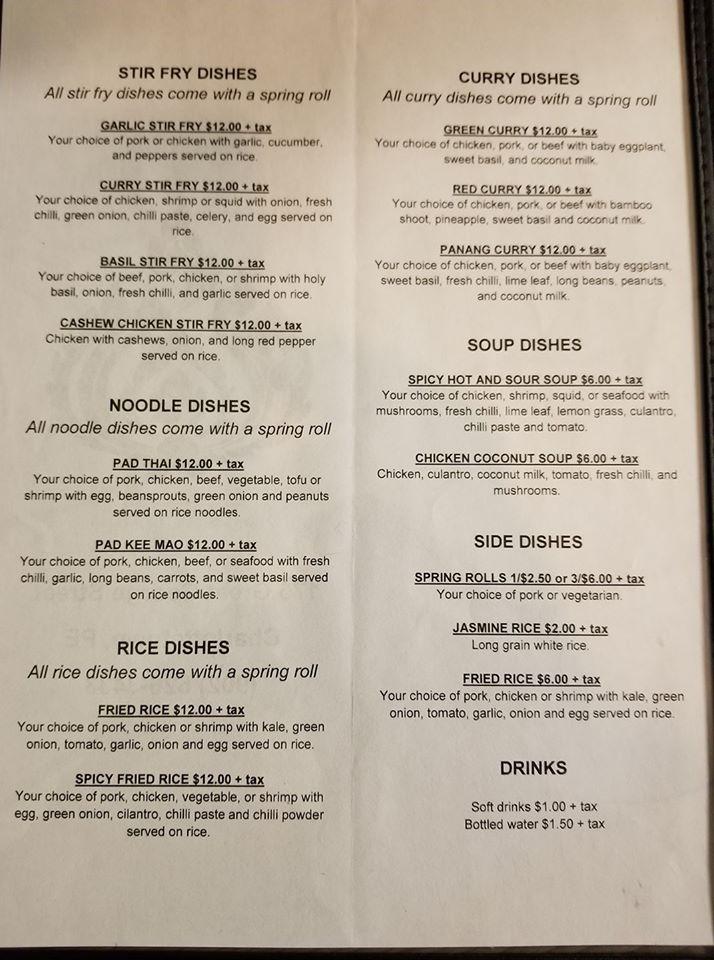 Menu at Khoaw Pon Authentic Thai restaurant, Charlottetown