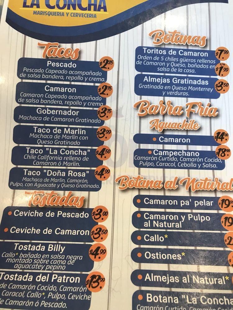 Menu at La Concha Mariscos y Antojitos Mexicanos restaurant, San Luis