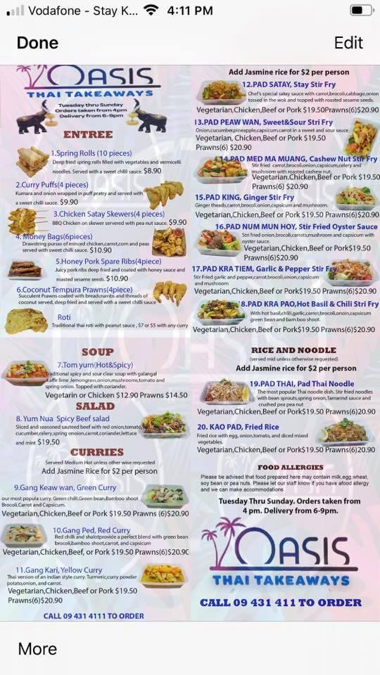 Menu at Oasis Bar & Eatery, Mangawhai
