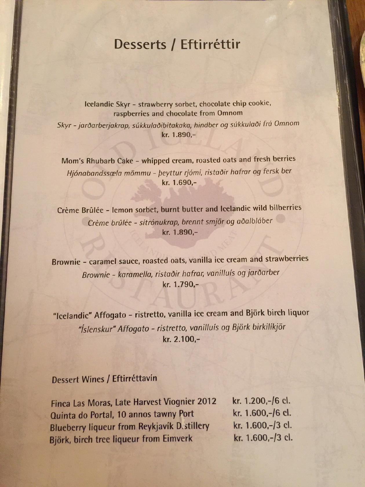 Menu at Old Iceland restaurant, Reykjavík