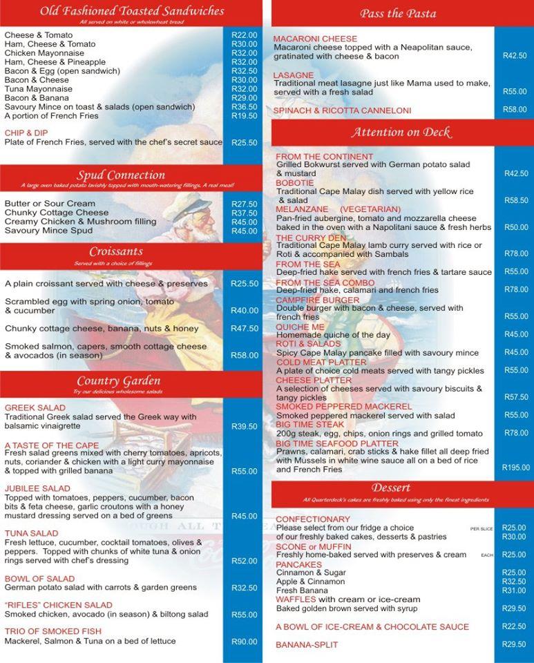 Menu at Quarterdeck Restaurant, Cape Town, Jubilee Square 111 St ...