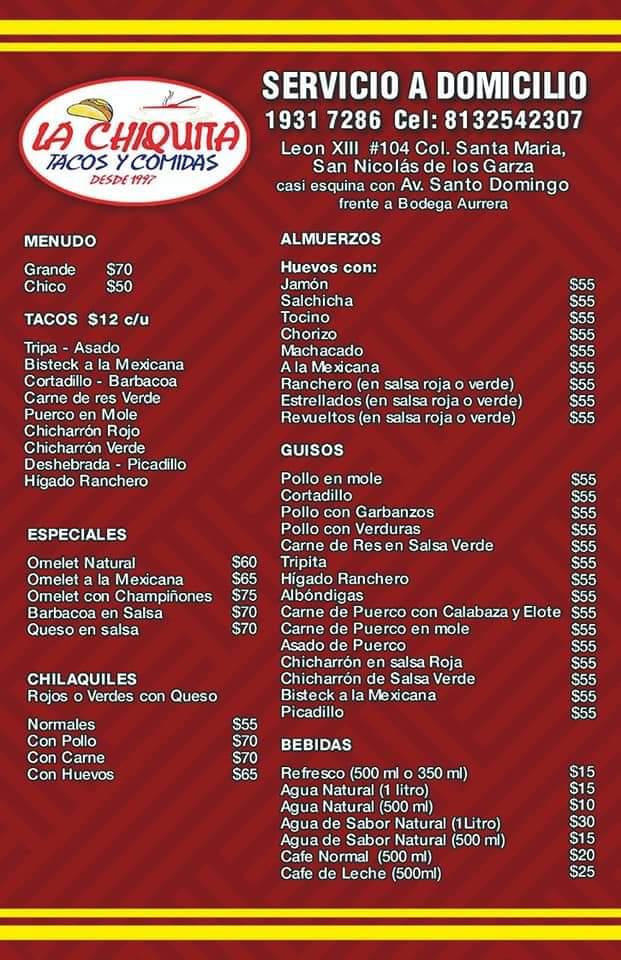Menu at Tacos y Comidas La Chiquita restaurant, San Nicolás de los Garza
