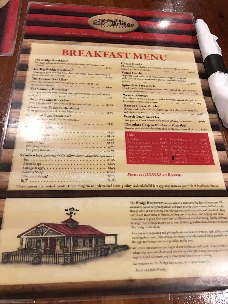 Menu at The Bridge restaurant, Indian Trail