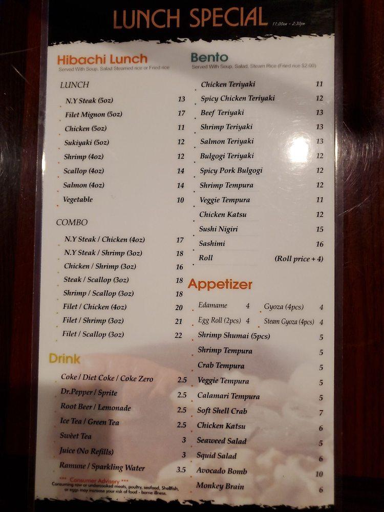 Menu at Yokohama Hibachi & Sushi restaurant, Keller