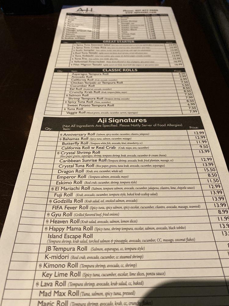 Carta del restaurante Aji Sushi Teppan, Winter Garden