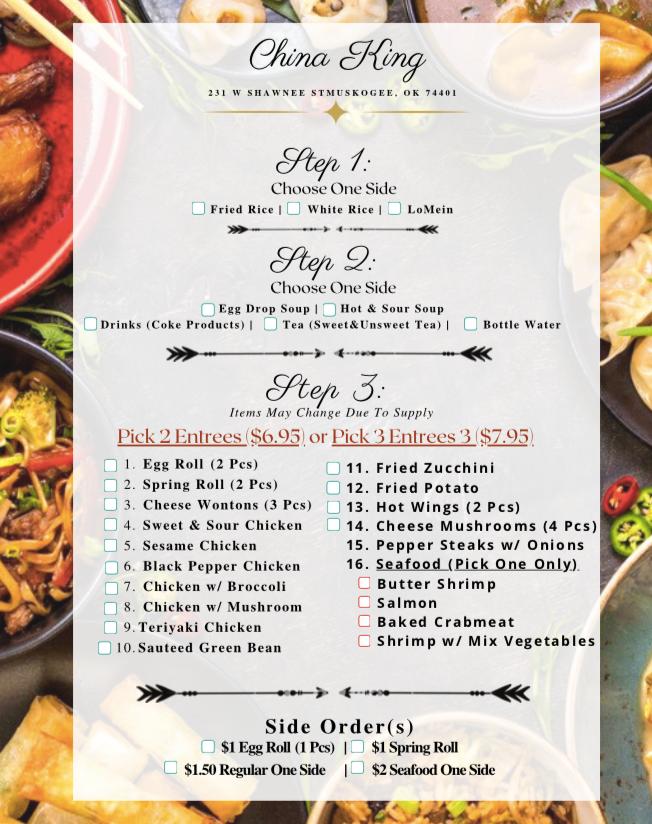 Menu at China King Super Buffet restaurant, Muskogee