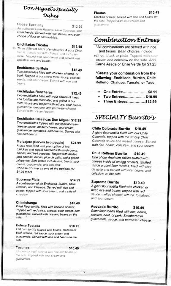 Menu at Don Miguel restaurant, Cedar City