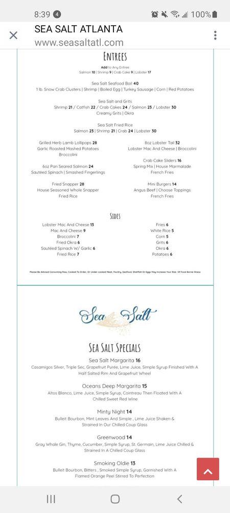 Menu at Sea Salt Seafood Lounge pub & bar, Atlanta