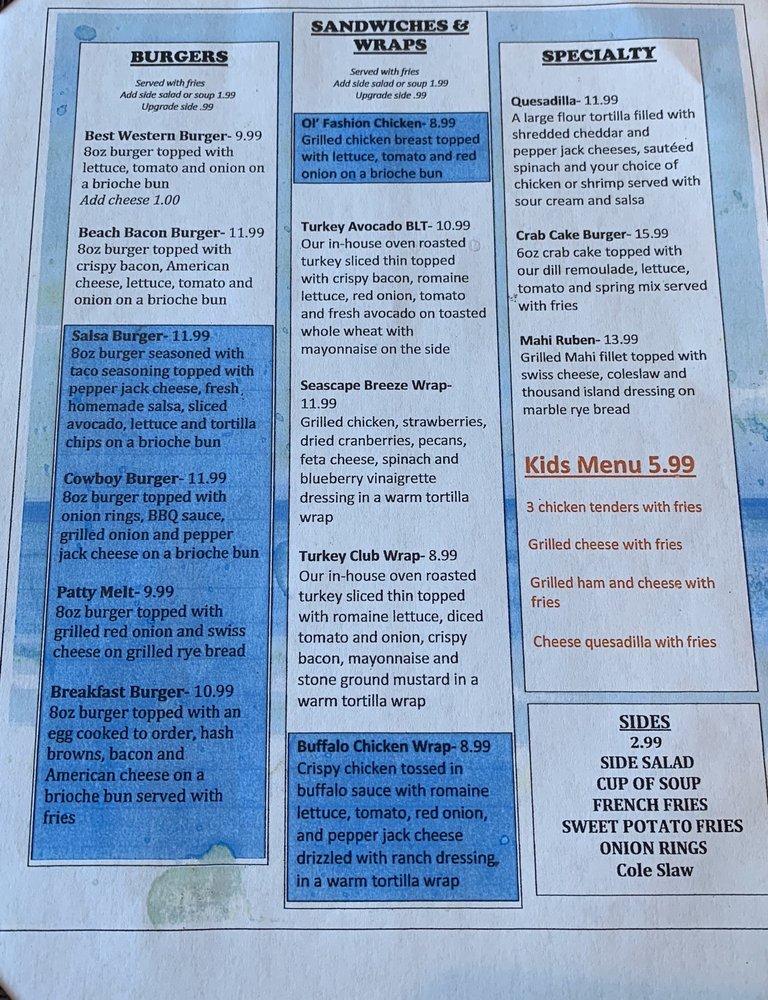 Menu at Seascape Restaurant, New Smyrna Beach