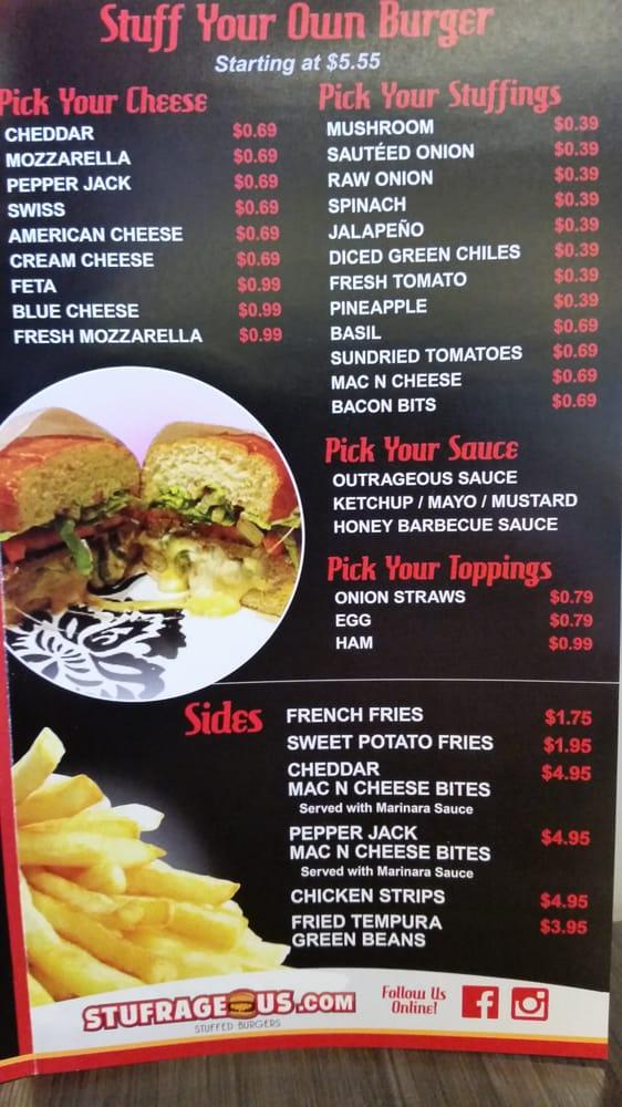 Menu at Stufrageous Stuffed Burgers restaurant, Mesa